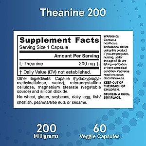 Jarrow Formulas Extra Strength Theanine 200 mg, Dietary Supplement That Promotes Relaxation, Amino Acid Supplement for Relaxation Support, 60 Veggie Capsules, 60 Day Supply