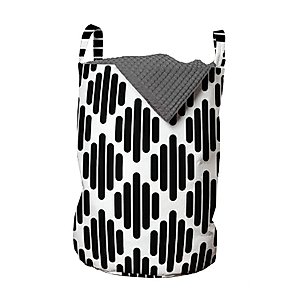 Ambesonne Black and White Laundry Bag, Modern Boho Geometric Stripes Pattern Mosaic Style Abstract Art Deco, Hamper Basket with Handles Drawstring Closure for Laundromats, 13" x 19", Charcoal Grey