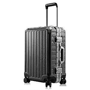 LUGGEX Carry On Luggage with Aluminum Frame, Polycarbonate Zipperless Luggage with Wheels, Black Hard Shell Suitcase 4 Metal Corner