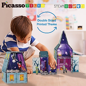 PicassoTiles Haunted House Theme Magnet Tile Building Blocks 8 Action Figures Magnetic Construction Toy Double Sided Printing Education STEM Learning Playset Halloween Adventure Kid Ages 3+ PTQ03
