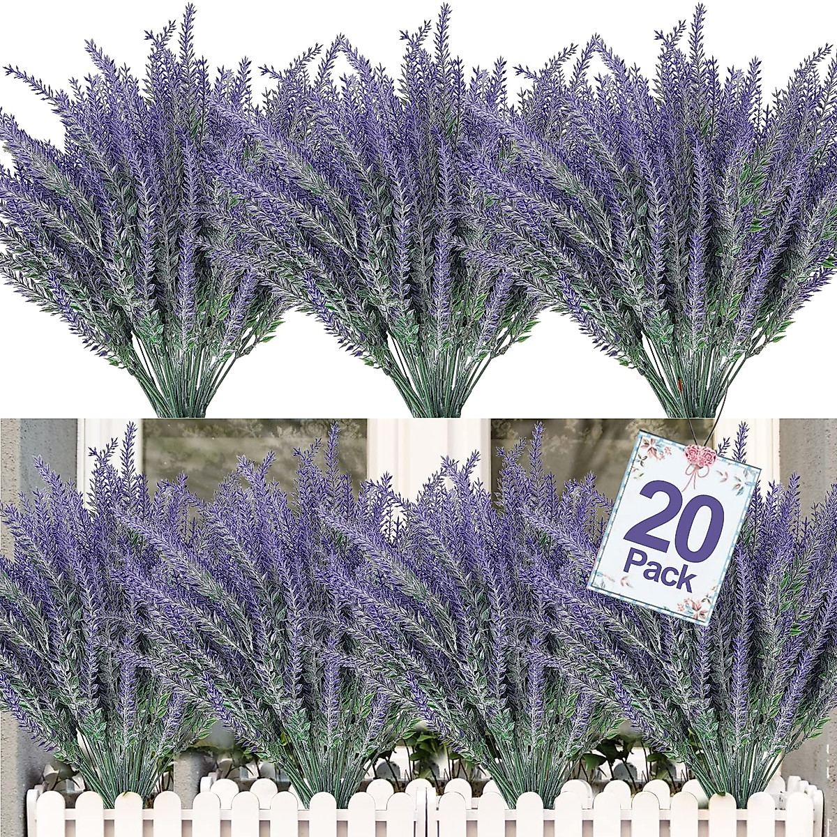 TURNMEON 20 Bundles Artificial Lavender Outdoor UV Resistant Flowers Plastic Fake Flowers Plants, Artificial Flowers Faux Plants for Outdoor Window Box Hanging Planter Home Porch Summer Decor(Purple)