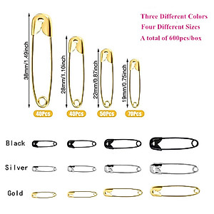 600 Pcs Safety Pins Assorted, 4 Sizes Large and Small Safety Pins for Clothes,Black Gold Silver Safety Pins Rust Resistant for Art,Crafts, Sewing and Jewelry Making