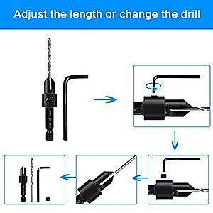 7 Pcs M2 Countersink Drill Bit Set, 3in1 Wood Pilot Countersink Drill Bits for #4#6#8#10#12 Screws Holes, with Adjustable Depth Stop,Quick Release Hex Shank, 2-Allen Wrench