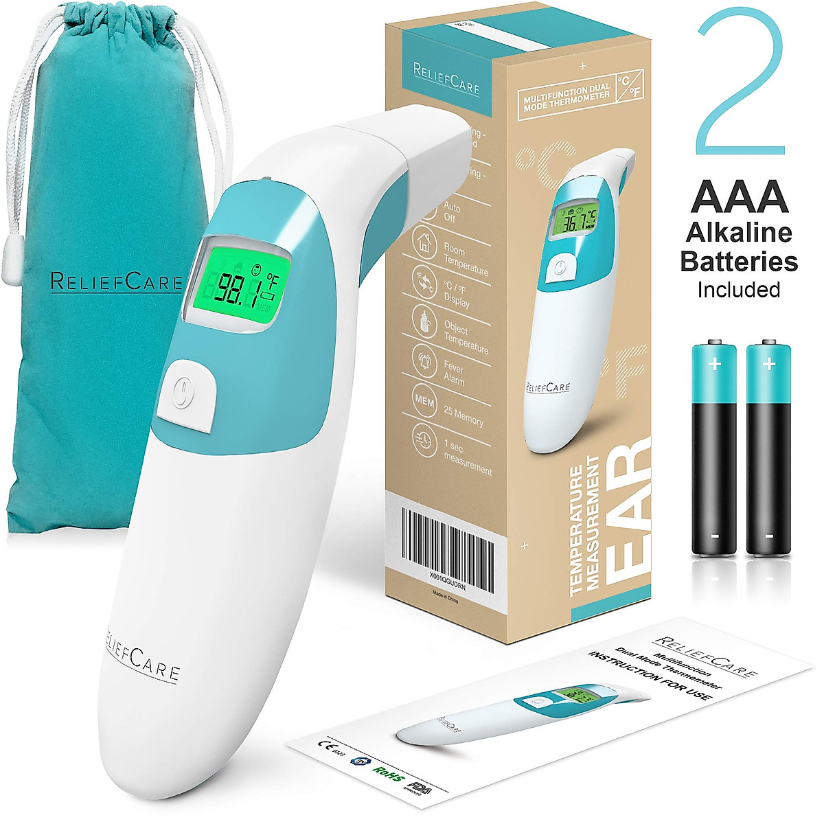 Relief Care Digital Forehead and Ear Thermometer for Adults, Infants, Children - Dual Mode, Infrared Thermometer with Fever Alarm - Accurate Quick Read Digital Thermometer for Adults and Kids