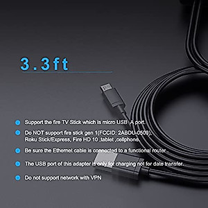 Ethernet Adapter for Fire TV Stick Google Home Mini Chromecast and More Streaming TV Sticks 10/100Mbps Network Micro USB (A) to RJ45 Ethernet Adapter with USB Power Supply Cable 3.3ft (Gray)