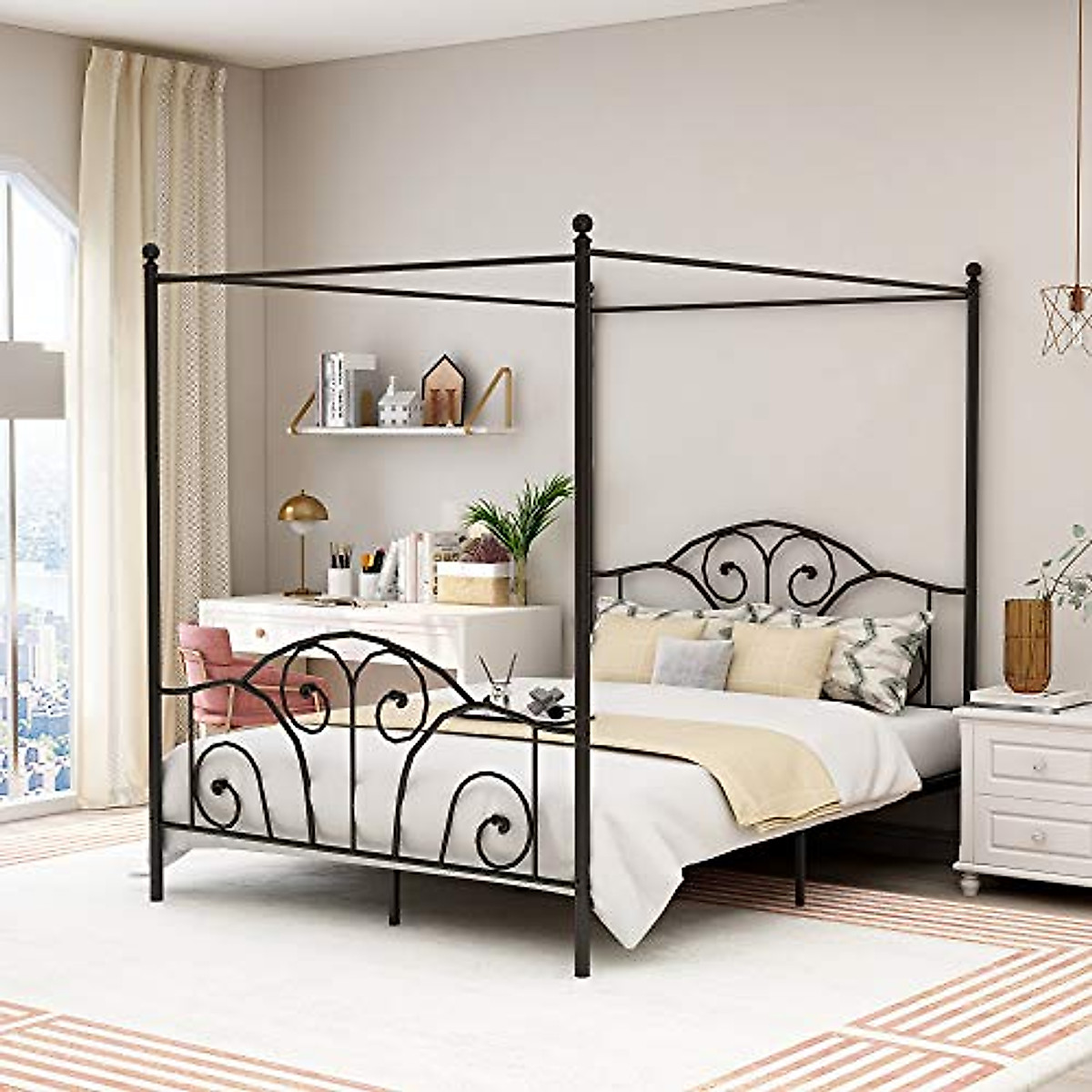 RYR Queen Size Canopy Bed Frame Four Poster Metal Platform Bed with Headboard Footboard, No Box Spring Needed Black