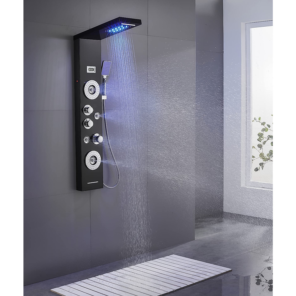 POPFLY 6 In 1 LED Shower Panel Tower System With Waterfall Rain System, 4 Angle Adjustable Mist Jets and High Pressure 2 Body Massage Jets, 304 Stainless Steel Shower Tower, Black