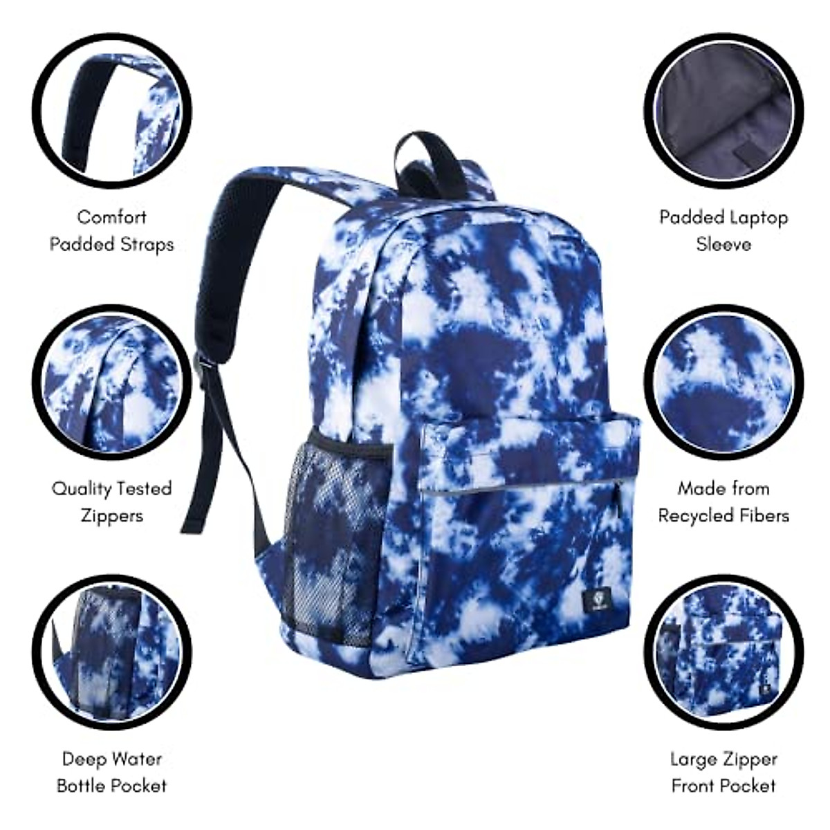 Fenrici Tie Dye Backpack for Boys, Girls, Blue Backpack for Kids, Bookbag with Padded Laptop Compartment, Blue Tie Dye, Indigo Blue, 16 Inch