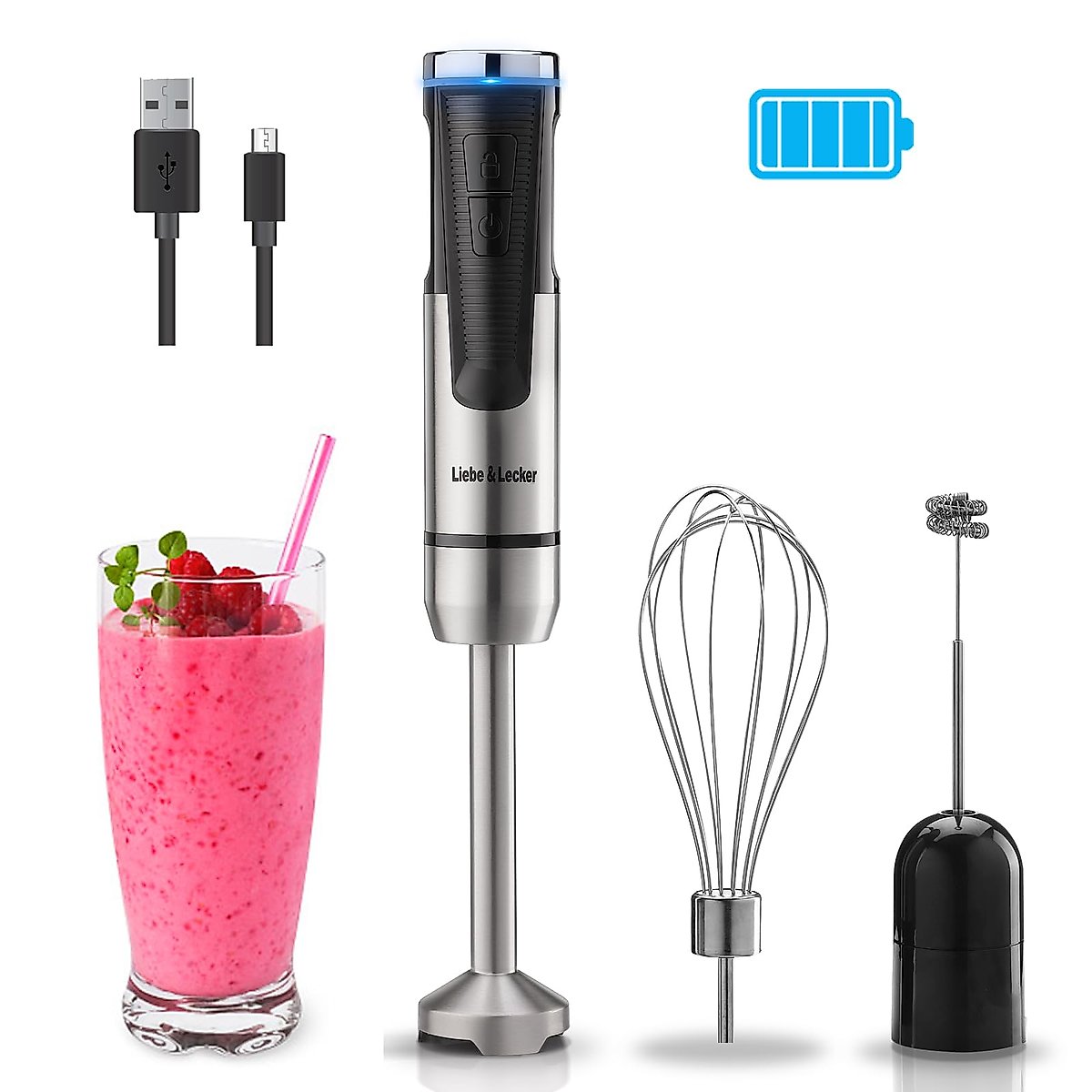 Liebe&Lecker Cordless Hand Blender, Immersion Blender Handheld USB Rechargeable 8 Variable Speeds with Whisk, Milk Frother Attachments, Portable Stick Blender for Milkshakes, Smoothies & Soups.