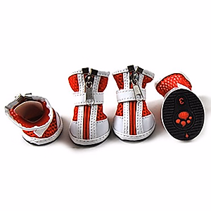ZUNEA Small Dog Shoes for Hot Pavement Summer Breathable Mesh Boots Adjustable Non Slip Zipper Pet Dogs Booties White PU Paw Protector Red 4#