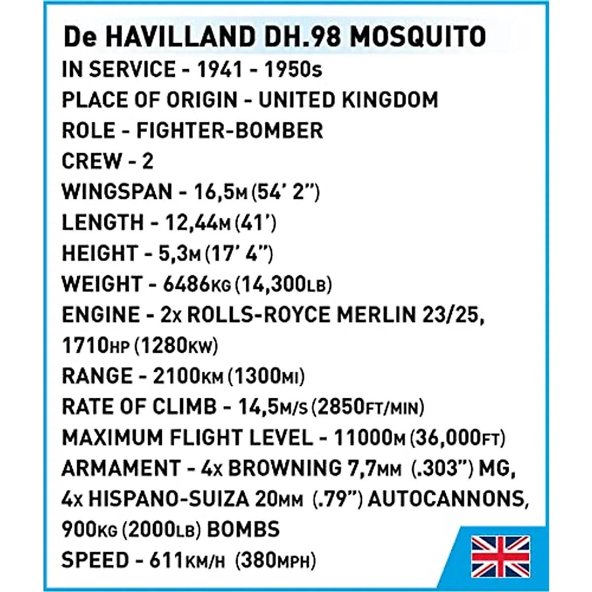 COBI Historical Collection WWII De Havilland DH.98 Mosquito Plane, Wood