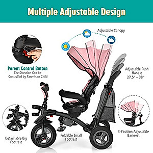 BABY JOY Toddler Tricycle, 7 in 1 Folding Steer Trike w/Rotatable Seat, Adjustable Canopy, Push Handle, Guardrail, Safety Harness, Brakes, Cup Holder & Storage, Tricycle for Toddlers Ages 1.5-5 (Pink)