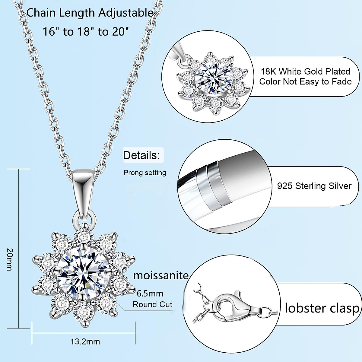 HMJ Diamond Sunflower Necklace for Women,1Carat Moissanite Snowflake Pendant Chain,Lab Diamond Jewelry S925 Sterling Sliver Halo Necklace Gift for Mom Mother Sister