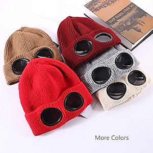 MansWill Unisex Wool Knitted Goggles Beanie, Warm Winter Stylish Hat Outdoor Sports Cap, Black, Medium