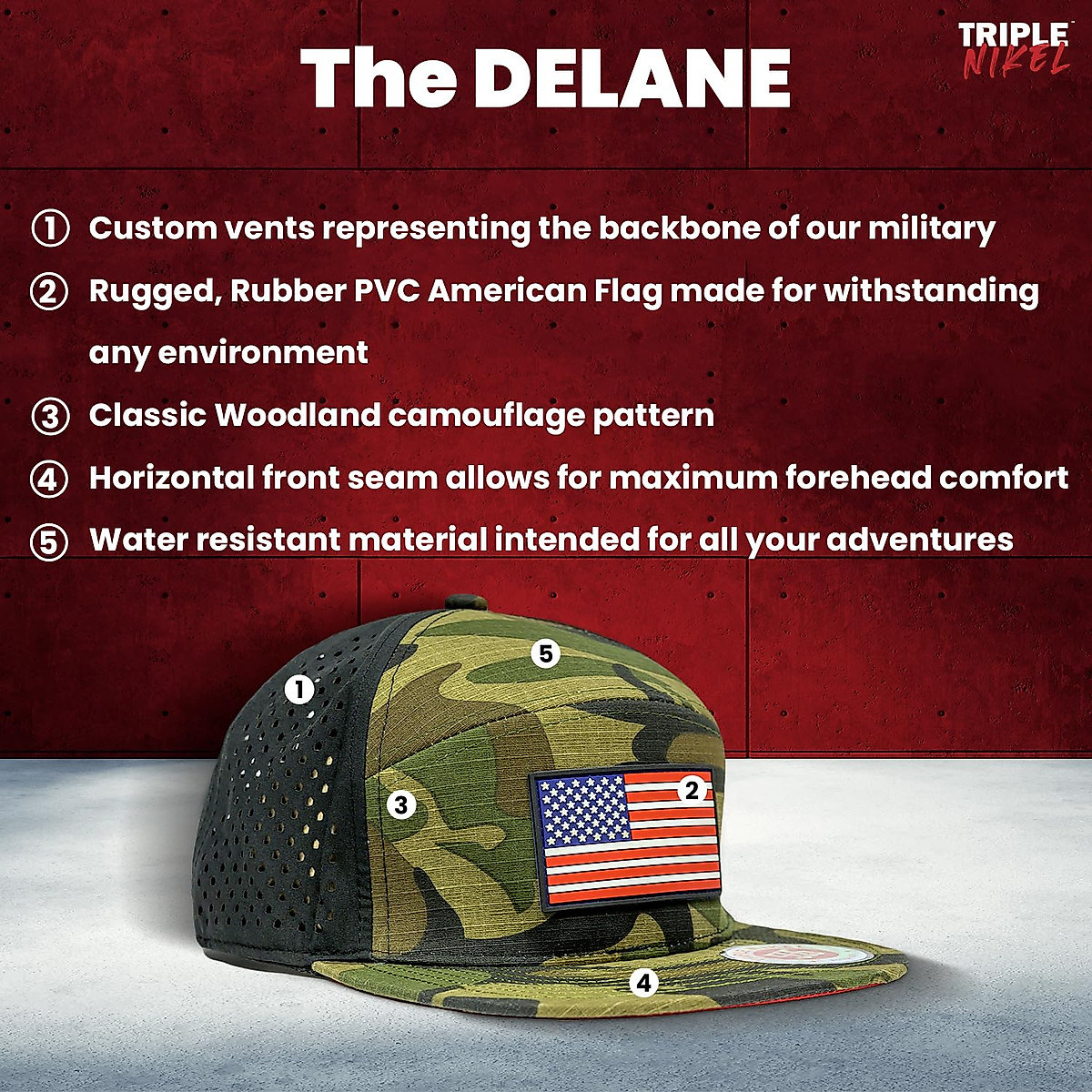 TRIPLE NIKEL | USA American Flag Patriotic Snapback Camo Hat for Men or Women