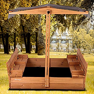Kids Wooden Outdoor Sandbox w/Canopy, 2 Foldable Bench Seats, Retractable Roof Sand Protection Liner 47x47-Inch