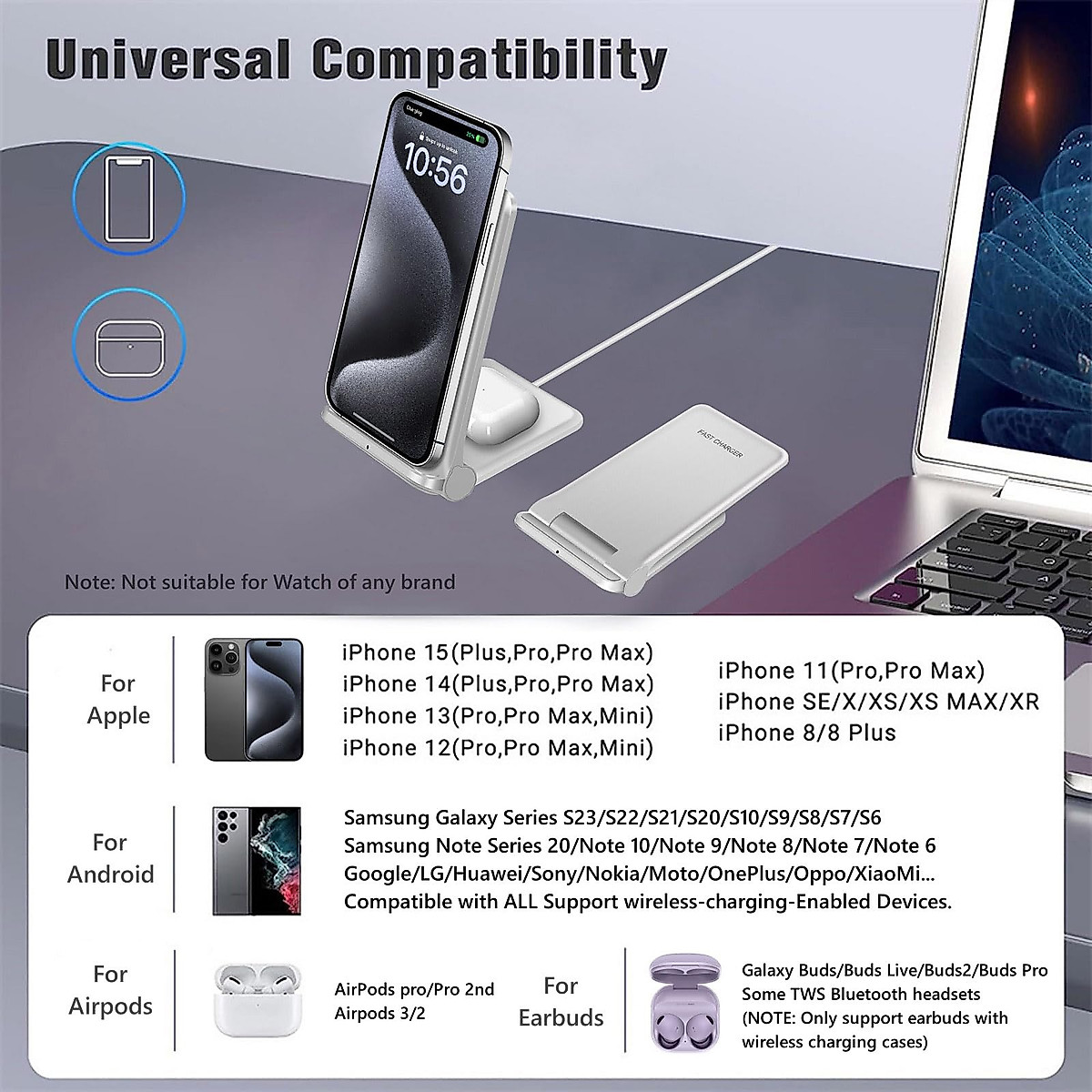 2 in 1 Wireless Charger,Foldable 20W Fast Wireless Charging Stand Compatible with iPhone 15/15 Pro/14/13/12/X/AirPods,Dual Phone induction charge station for Samsung,Pixel,Xperia,LG G8(No Plug)