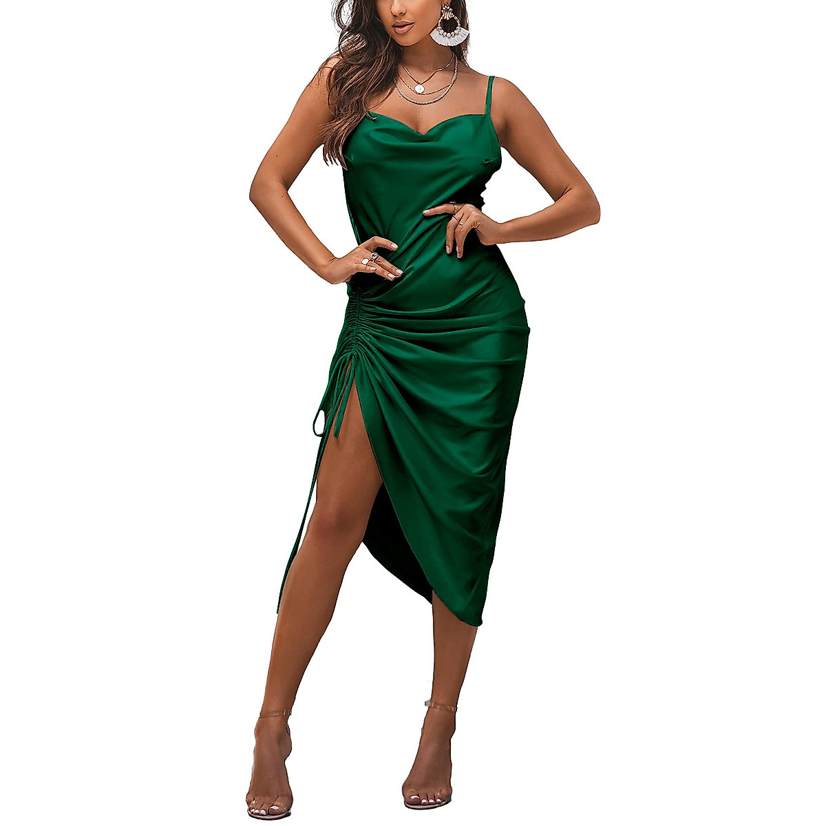 LYANER Women's Satin Spaghetti Straps Cowl Neck Sexy Ruch Cocktail Midi Dresses Dark Green Large