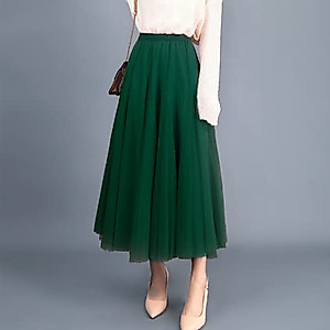 Daysskk Green Tulle Skirt for Women Midi Length Pleated Skirts for Women Long Length Womens Flowy Skirts Mesh Skirts Women's Skirt A-Line 33"