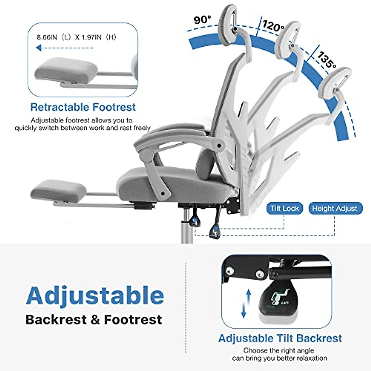 Ergonomic High Back Office Chair with Lumbar Pillow and Retractable Footrest, Mesh Office Chair with Padded Armrests and Adjustable Headrest, Swivel Rolling Chair, Height Adjustable