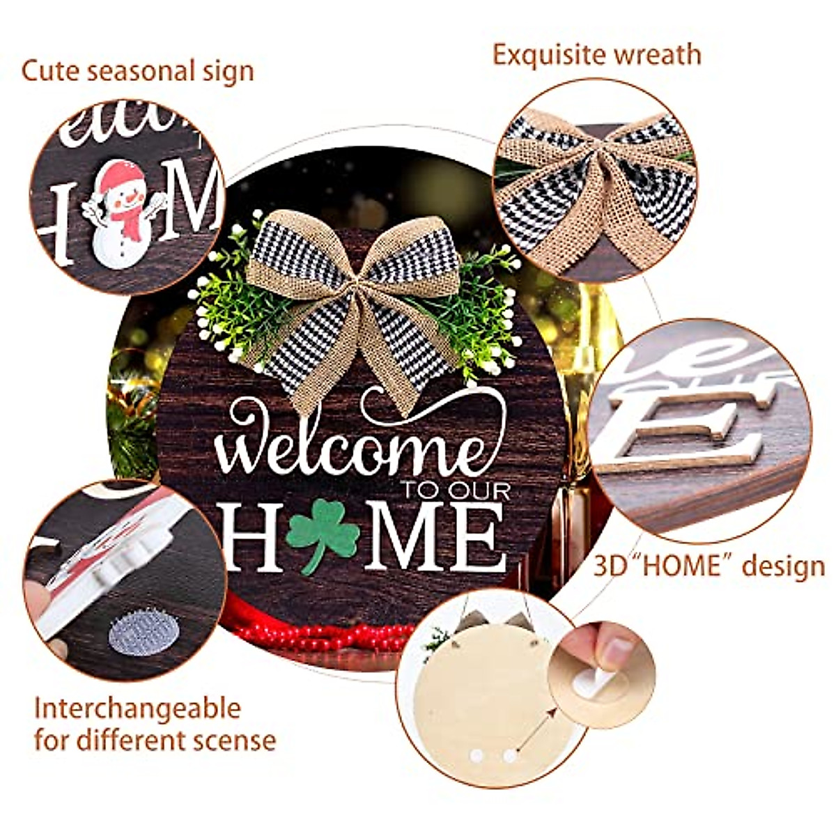 Interchangeable Welcome Sign Wreaths for Front Door - Seasonal Round Wood Door Sign, Farmhouse, Porch Wall Outdoor Hanging for Thanksgiving, Halloween, Christmas，Fall New Home Housewarming Gift Ideas
