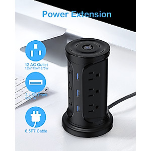 Meeoueoiu Tower Power Strip with 12-Outlet,3 USB-A Ports.Desk Power Strip Tower 1875 Watts 15 Amp,6.5-FT Flat Plug Extension Cord Tower for Home,Office,Cruise Ship