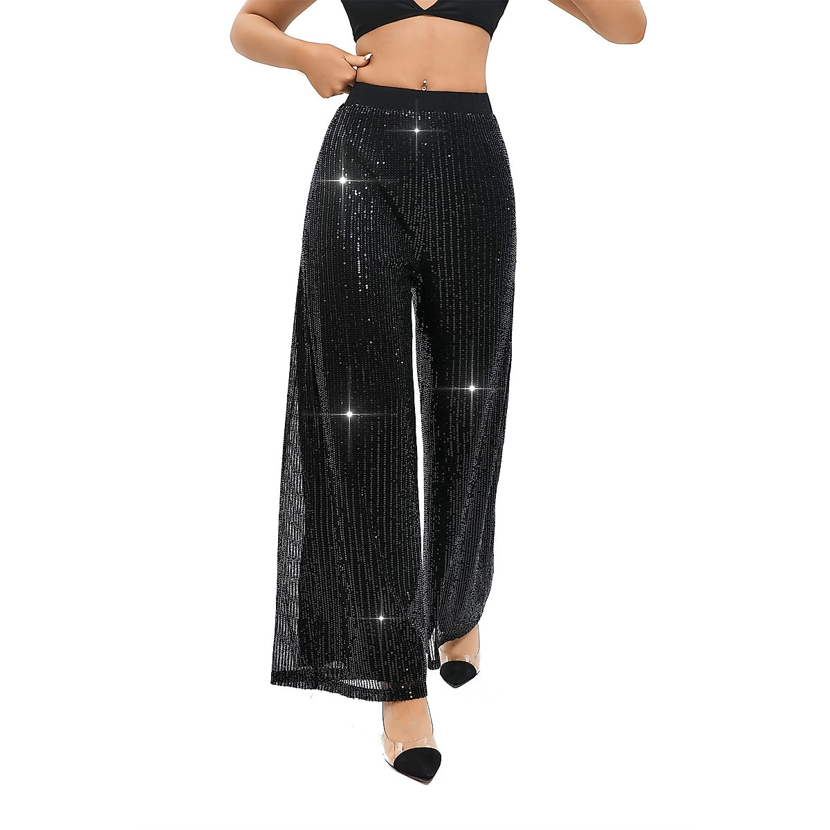 YHYJMY Womens Casual Sparkle Sequin Glitter Bling Loose Elastic High Waist Shiny Wide Leg Pants (K284-Black-M)