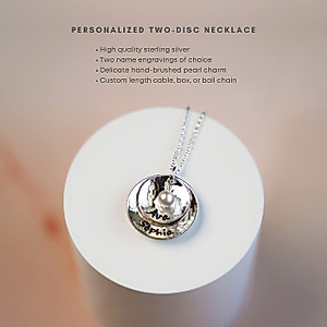 Dopio Personalized Sterling Silver Necklace with 2 Customizable Discs. Hand Finished and Accompanied by a Swarovski Pearl on a Sterling Silver Chain. Gifts for Her, Wife, Mother, Grandmother