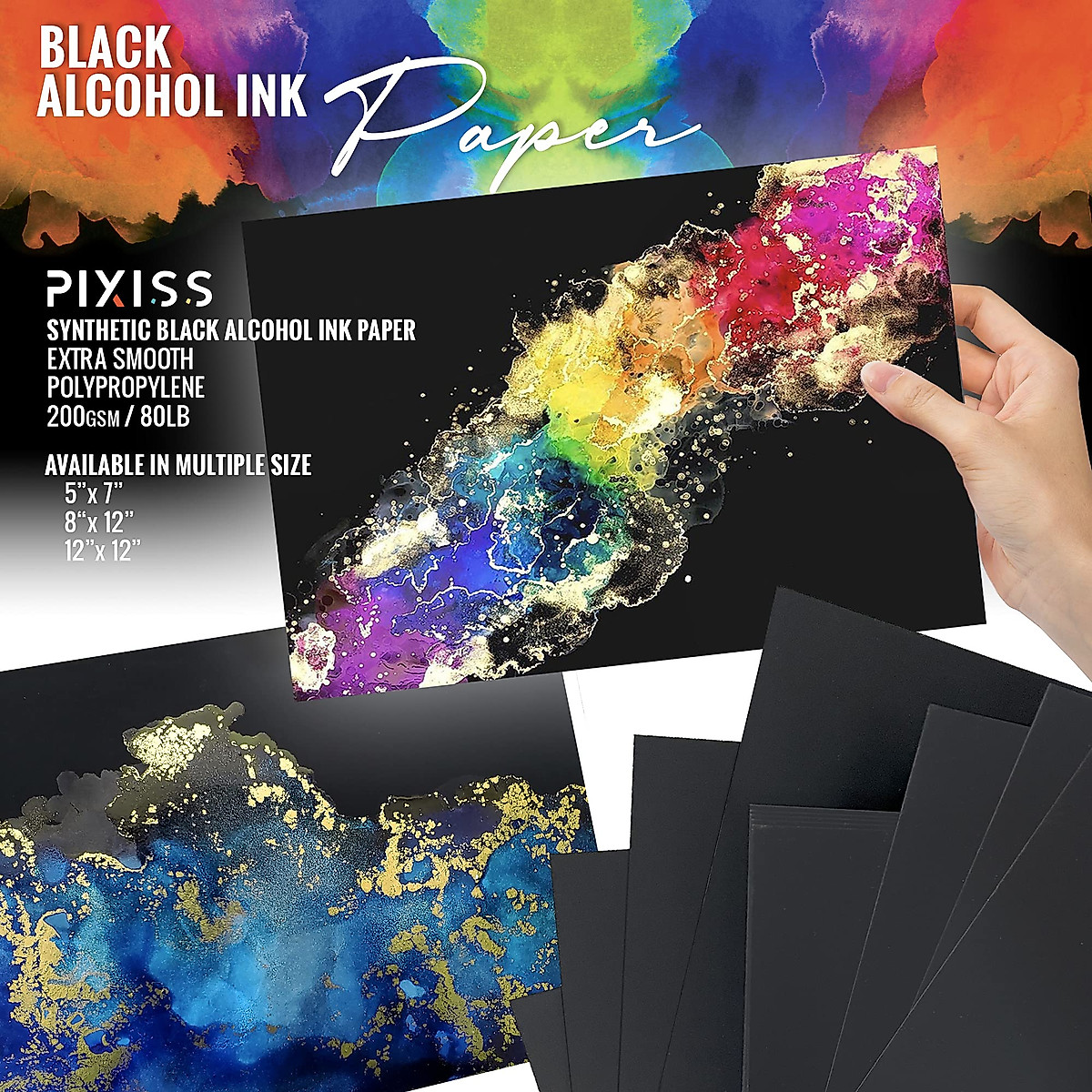 Black Alcohol Ink Paper - 25 Sheets Pixiss Heavy Weight Art Paper for Alcohol Ink & Watercolor - Extra Smooth Synthetic Paper A4 8x12 inches, 300gsm