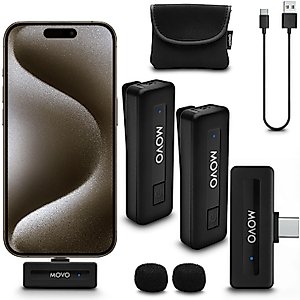 Movo Wireless Mini USB-C DUO Wireless Microphone for iPhone 15 - Ultracompact Bluetooth Microphone for iPhone 15 with Clip on Wireless Lavalier Microphone for iPhone 15