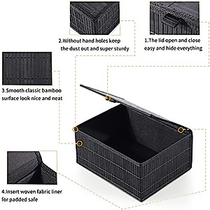 Honygebia Bamboo Decorative Storage Boxes - Set of 3 Woven Lined Storage Basket with Lids, Black Wicker Lidded Baskets for Home Kitchen Shelf Organizer Decor