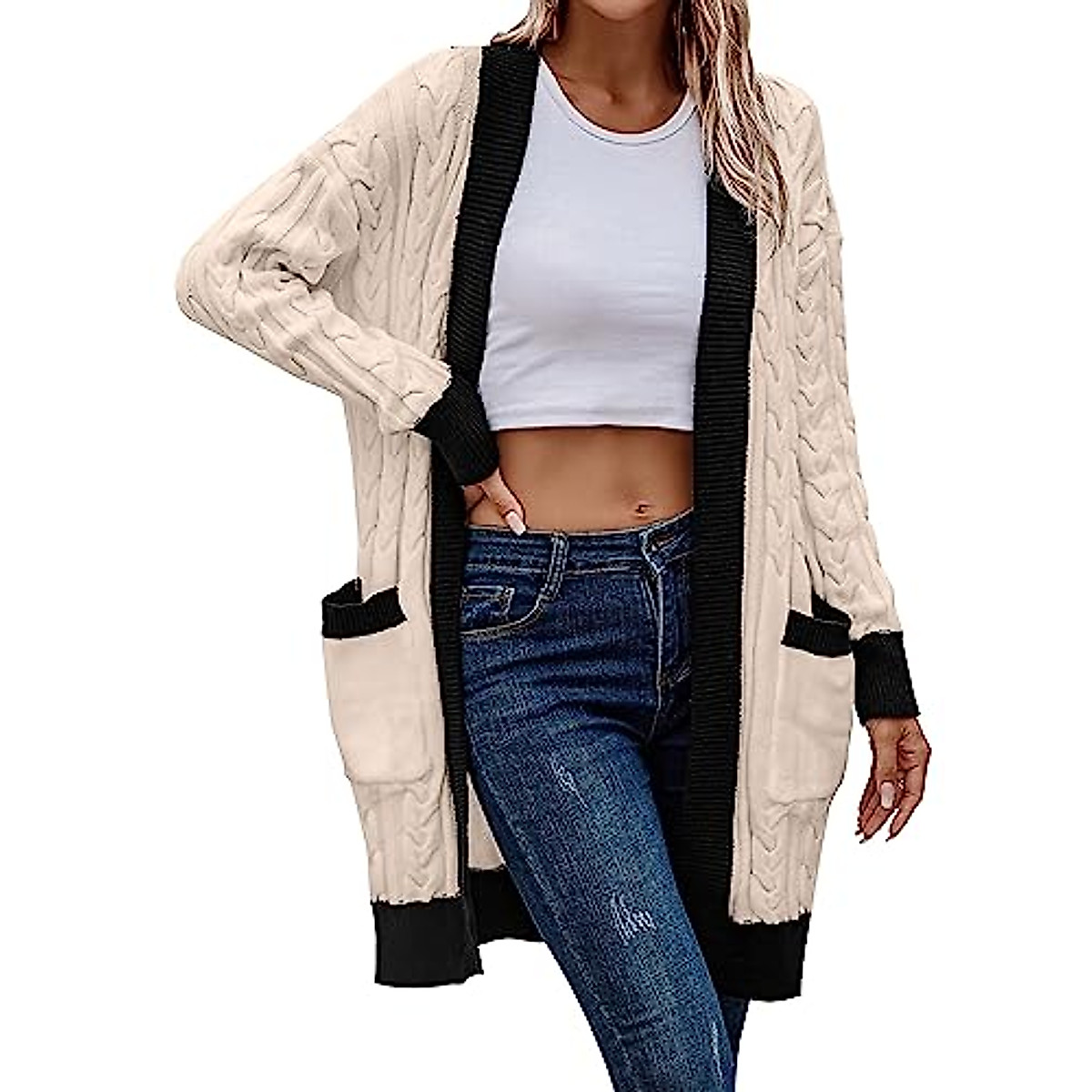 PRETTYGARDEN Women's 2024 Fall Cable Knit Cardigan Sweaters Casual Long Sleeve Open Front Loose Outerwear Coats (Beige,Medium)