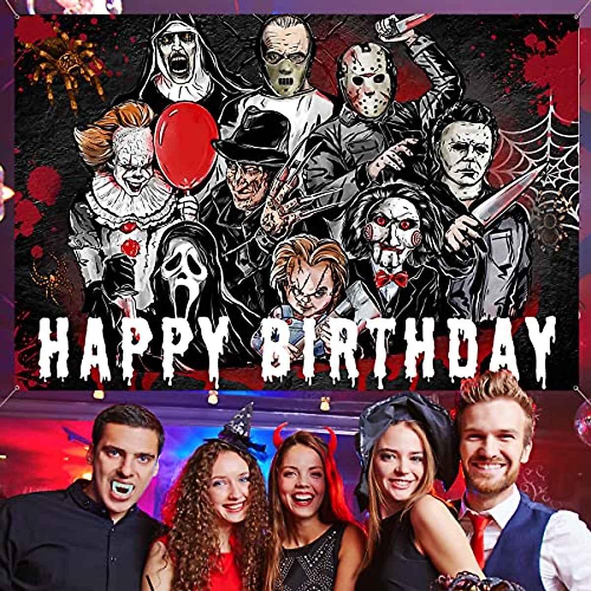 Halloween Birthday Backdrop-Horror Birthday Decorations Horror Classic Movie Character Photograph Background Banner for Scary Birthday Party, 5x3ft