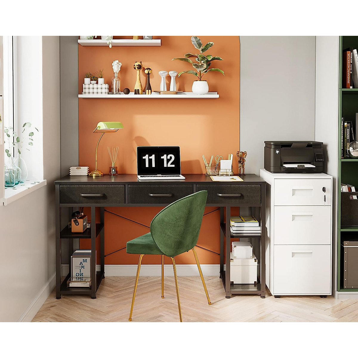 ODK Office Small Computer Desk: Home Table with Fabric Drawers & Storage Shelves, Modern Writing Desk, Black, 48"x16"