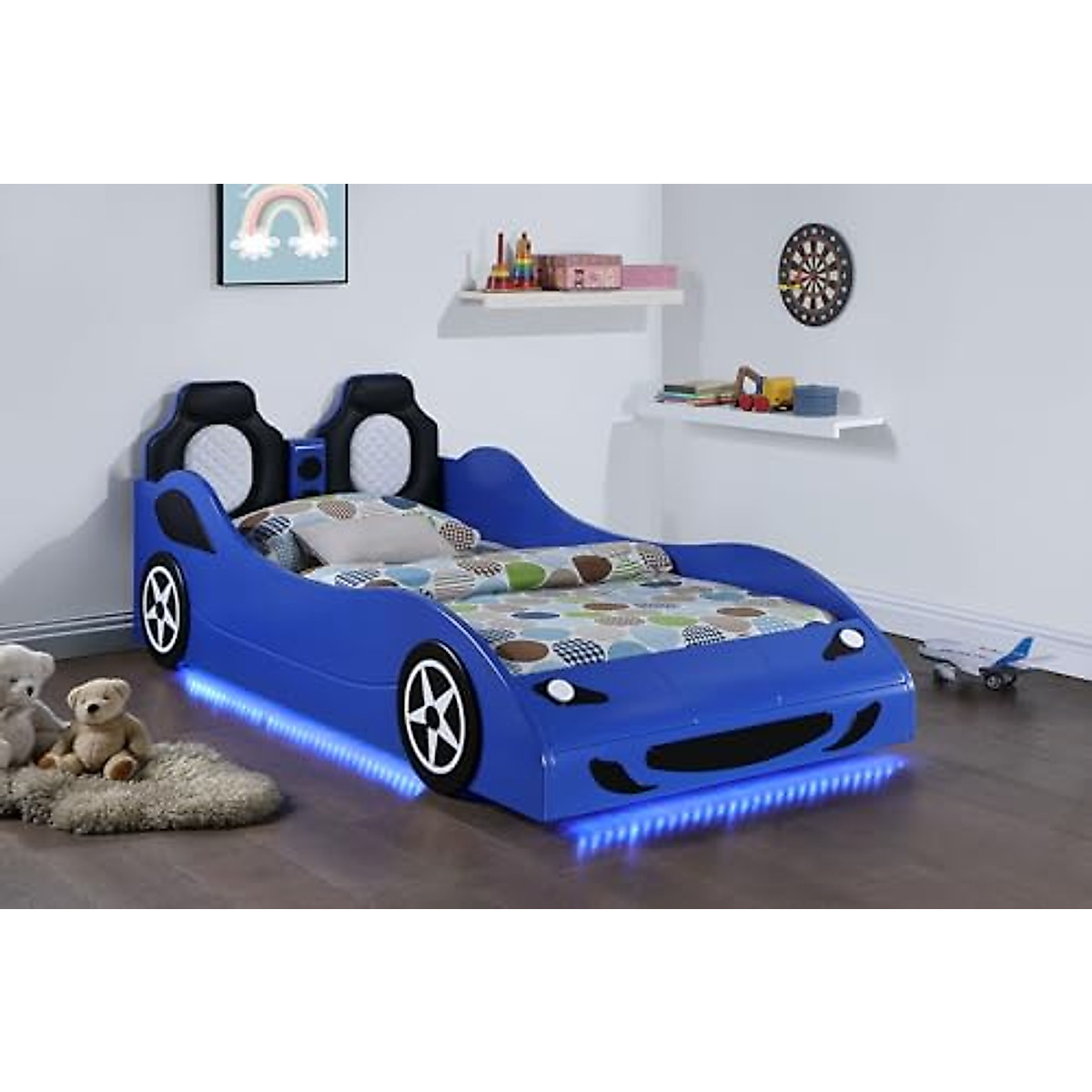 Coaster Home Furnishings Cruiser Contemporary Leatherette Upholstered Twin Size LED Car Bed Frame Platform Bed 33-inch Headboard Blue 400478