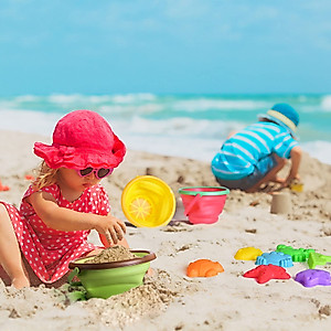 FUN LITTLE TOYS Sand Toys with Silicone Foldable Beach Bucket, Animal Sand Molds, Beach Shovel, Carrying Net, Bithday Gifts for Boys Girls