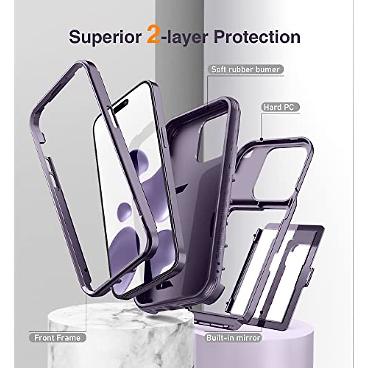 WeLoveCase iPhone 14 Pro Case for Women, Men Defender Credit Card Holder Cover with Hidden Mirror, Three Layer Shockproof Heavy Duty Protection Case for iPhone 14 Pro 6.1'' Deep Purple