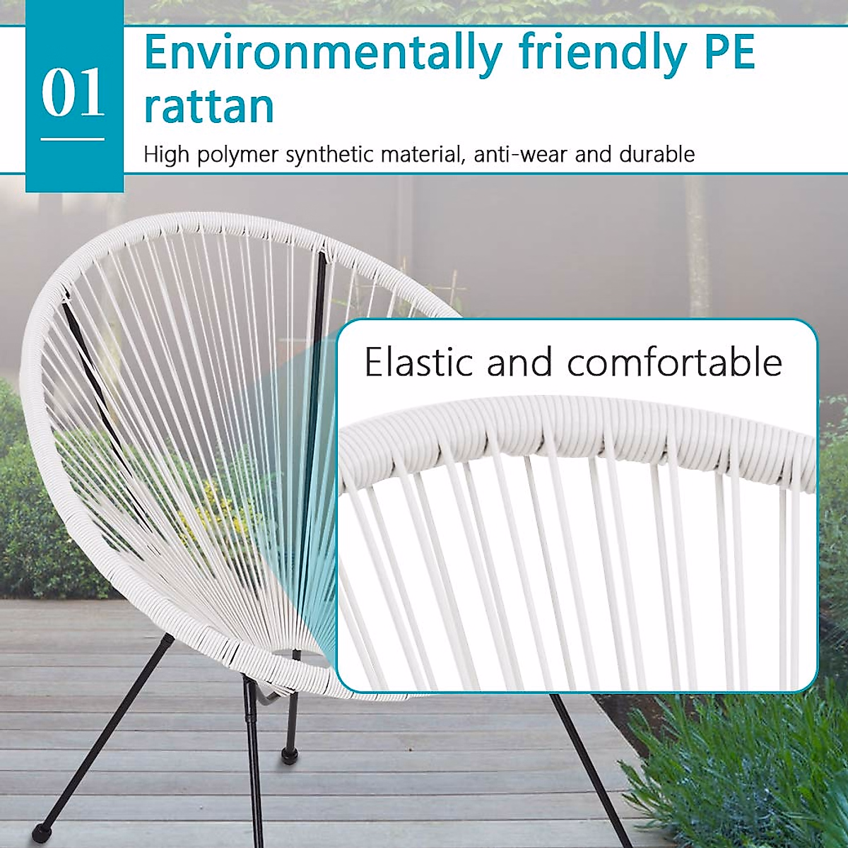 FDW Patio Bistro Set Bistro Table Set Acapulco Chairs Outdoor Chairs Set of 2 All-Weather Hammock Weave Chair Set of 2 and Glass Top Side Table Small Patio Table and Chairs White