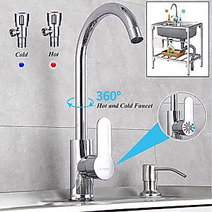 Free Standing Utility Sink Single Bowl Stainless Steel Sink w/Cold and Hot Water Pipe Faucet/Storage Shelve for Outdoor Garage Commercial Restaurant Kitchen Laundry Room 26.7"x17.3"
