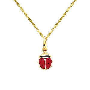The World Jewelry Center 14k REAL Yellow Gold Lady Bug Enamel Pendant with 1.2mm Singapore Chain Necklace - 22"