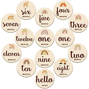 Yalikop 14 Pcs Wooden Baby Milestone Discs Cards Double Sided Baby Monthly Milestone Blocks Picture Props for Newborn Gift Pregnancy Birth Announcement Sign Month Baby Milestone Card with Storage Bag