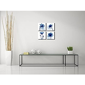 Pyradecor Blue Flickering Flower Modern Abstract Paintings Canvas Wall Art Gallery Wrapped Grace Floral Pictures on Canvas Prints 4 Panels Artwork for Living Room Bedroom Office Home Decorations