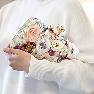 Women's Floral Evening Clutch Bag with Flower Metal Rhinestones for Women Wedding Prom Party 3D Sequins Evening Handbag (Apricot)