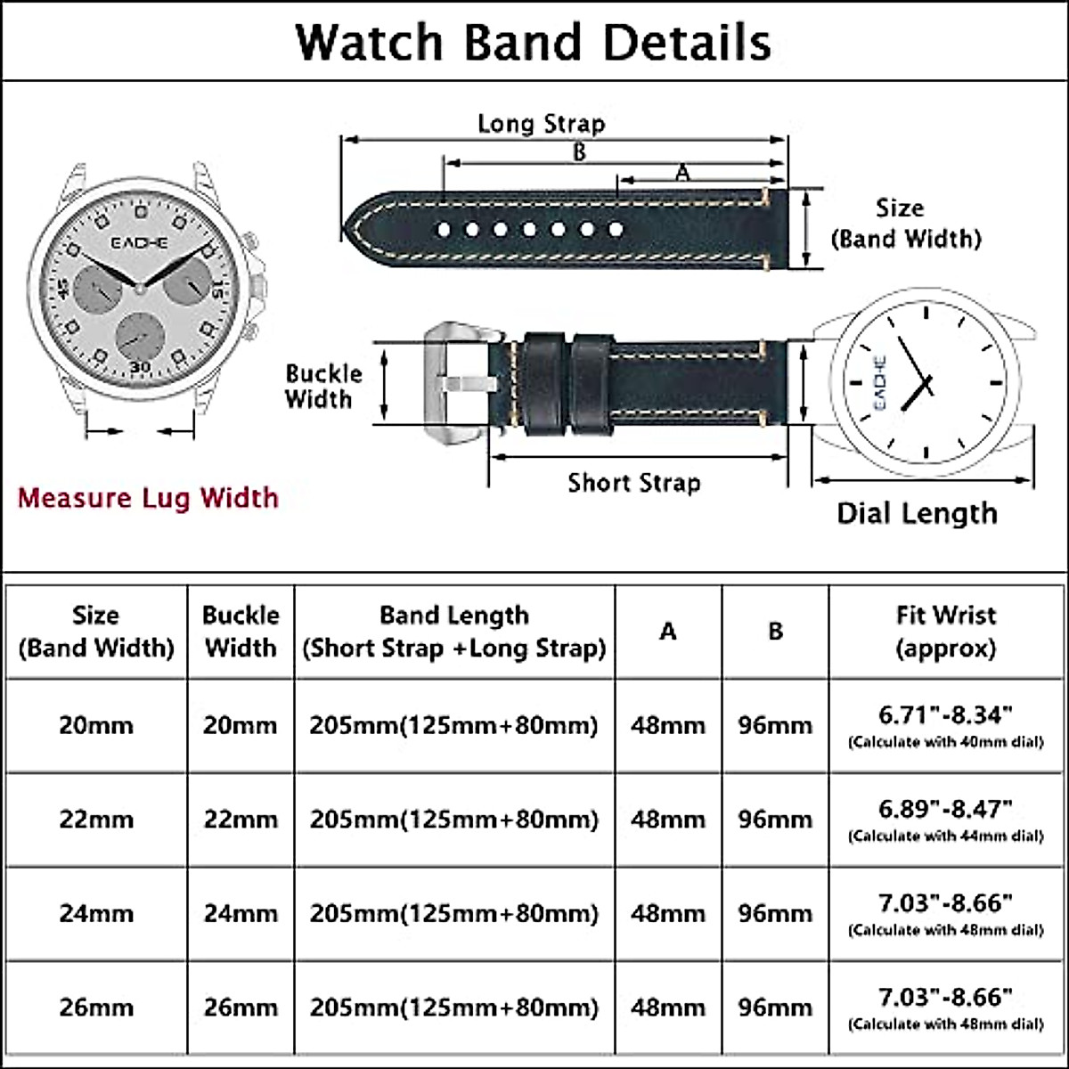 EACHE 22mm Leather Watch Bands for Men, Crazy Horse Genuine Leather Handmade Watchbands,Brown Leather Watch Strap with Black Buckle