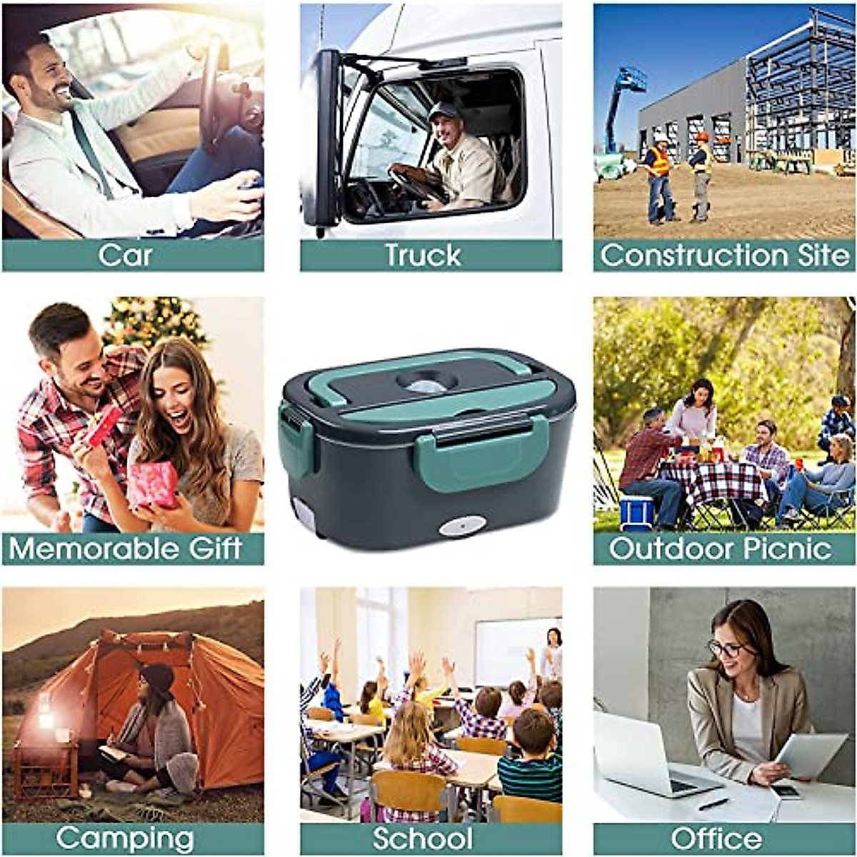 SYFTANT1MU Electric Lunch Box- 110V/12V/24V Portable Food Heater for Car/Office/School, 1.5L Stainless Steel Removable Container, Spoon and Carry Bag, 60W Lunch Box… (green 2)