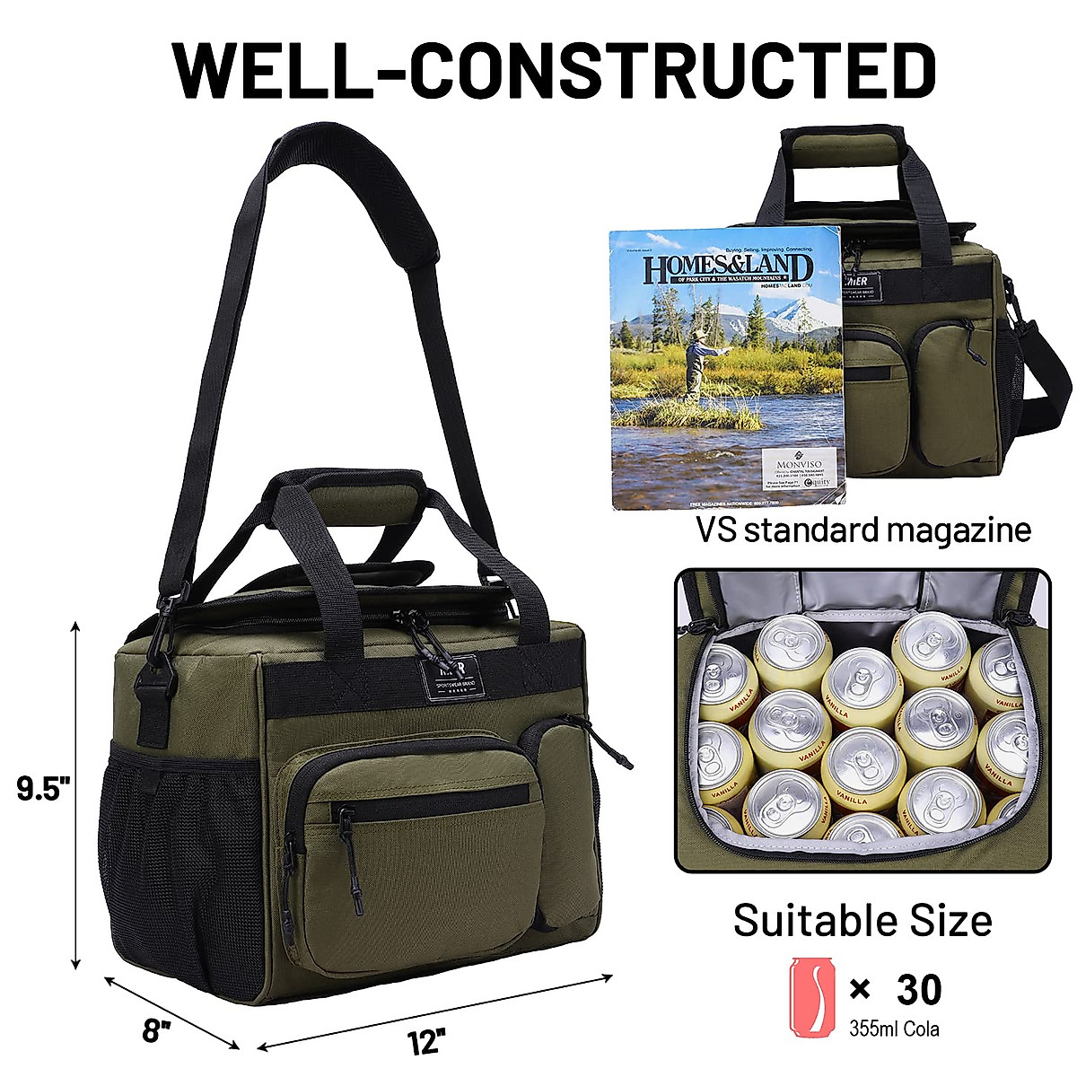 MIER Leakproof Insulated Cooler Lunch Bag for Adult Men Women 30 Can Cooler Bag with Top Flip Lid, 18L, Multiple Pockets (Dark Green-No Luggage Strap)