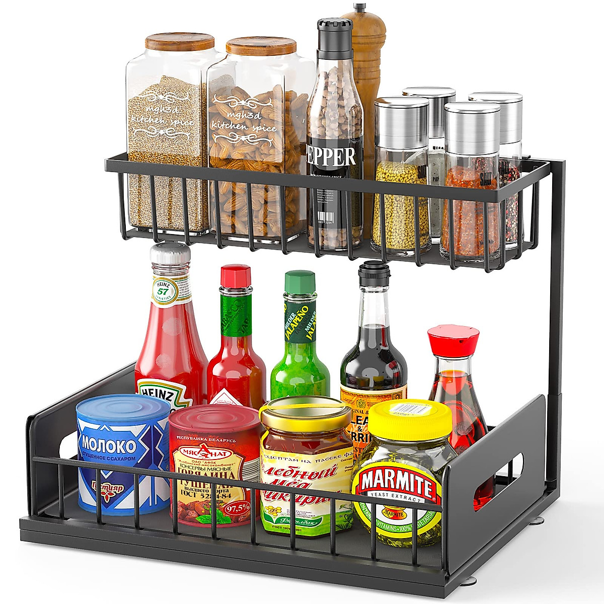 Tochek Under Sink Organizers and Storage, 2 Tier L-shaped Sliding Bathroom Organizer and Storage, Multi-purpose Pull Out Under Sink Organizer for Kitchen Bathroom, Black