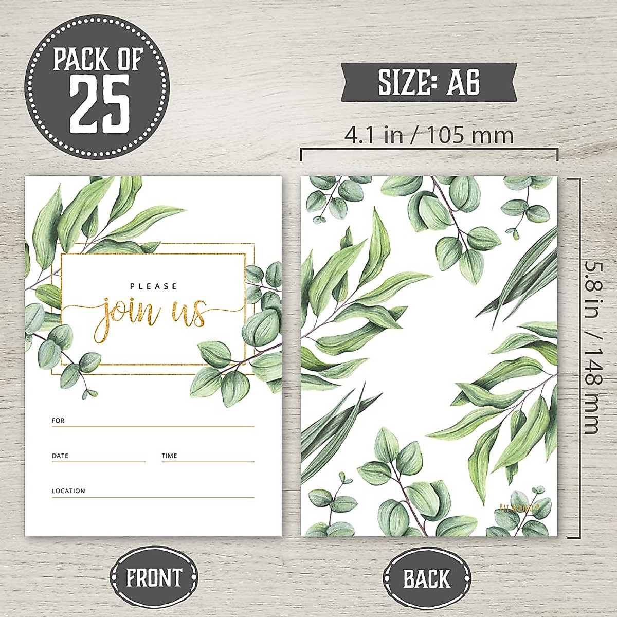 Set of 25 Fill-in Invitations with Envelopes and RSVP Cards - Greenery Gold Invites for All Occasions - Perfect for: Wedding, Bridal Shower, Engagement, Birthday Party, Baby Shower (25 Pack)