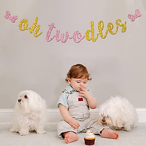 INNORU Oh Twodles Banner - Happy 2nd Birthday Party Decor for Girls - Cartoon Mouse Theme 2nd Birthday Party Decorations Supplies, Pink & Gold Glitter