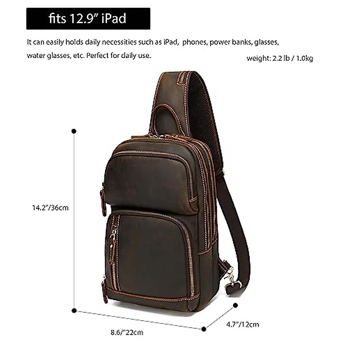 LANNSYNE Full Grain Leather Sling Bag For Men Crossbody Chest Daypack fits 12.9" iPad